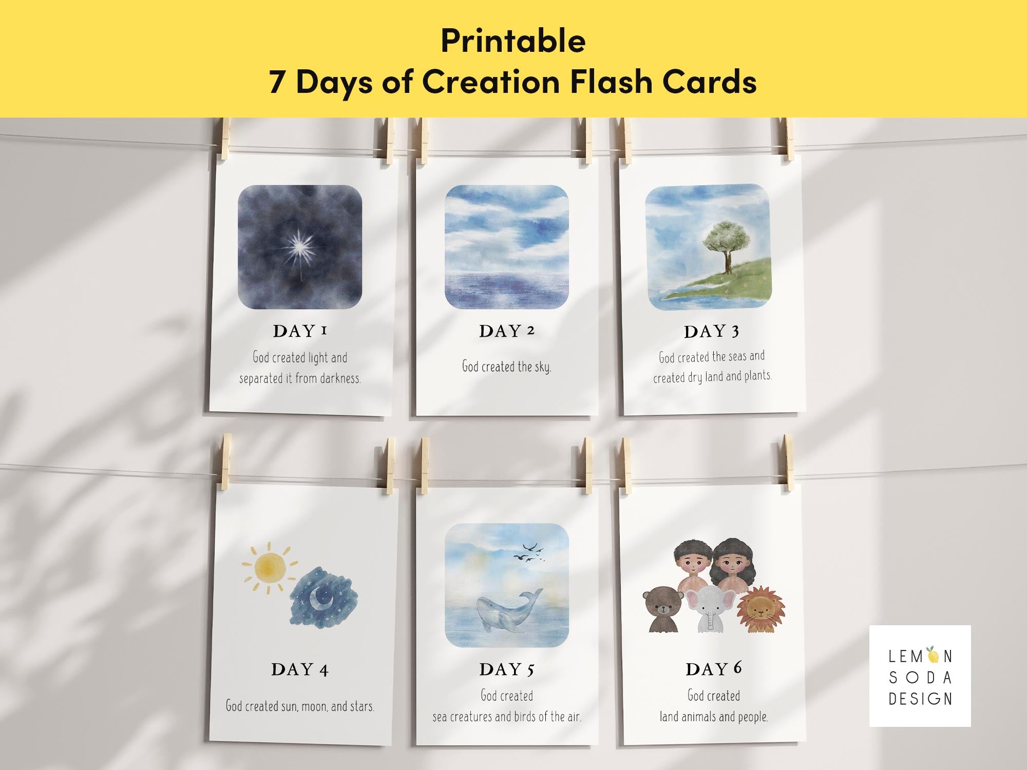 7 Day of Creation flash card, PRINTABLE Christian Educational, 5x7, 4x ...