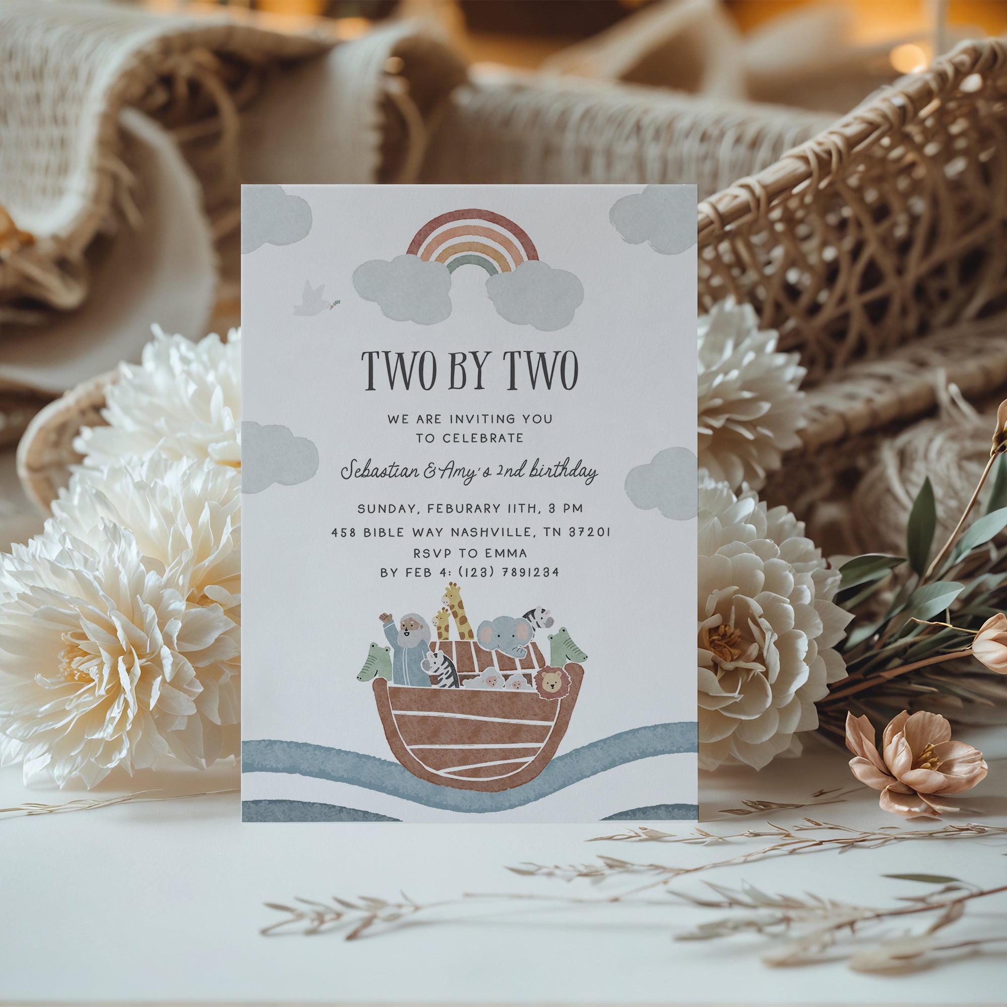 0328 two by two Noah's ark birthday invitation, editable template, dig ...