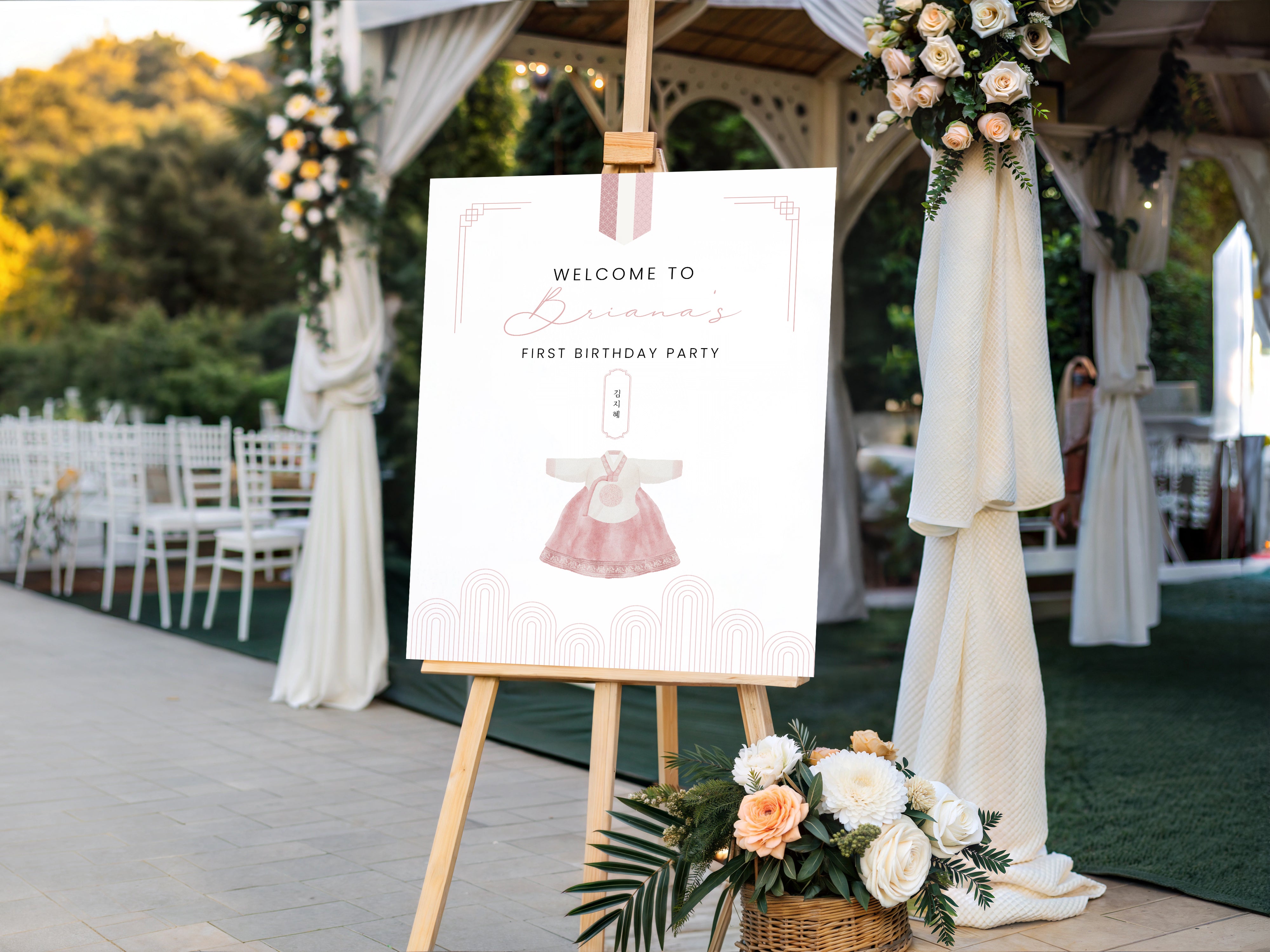 Corjl editable Pink Dol tradition Korean girl 1st birthday welcome sig ...